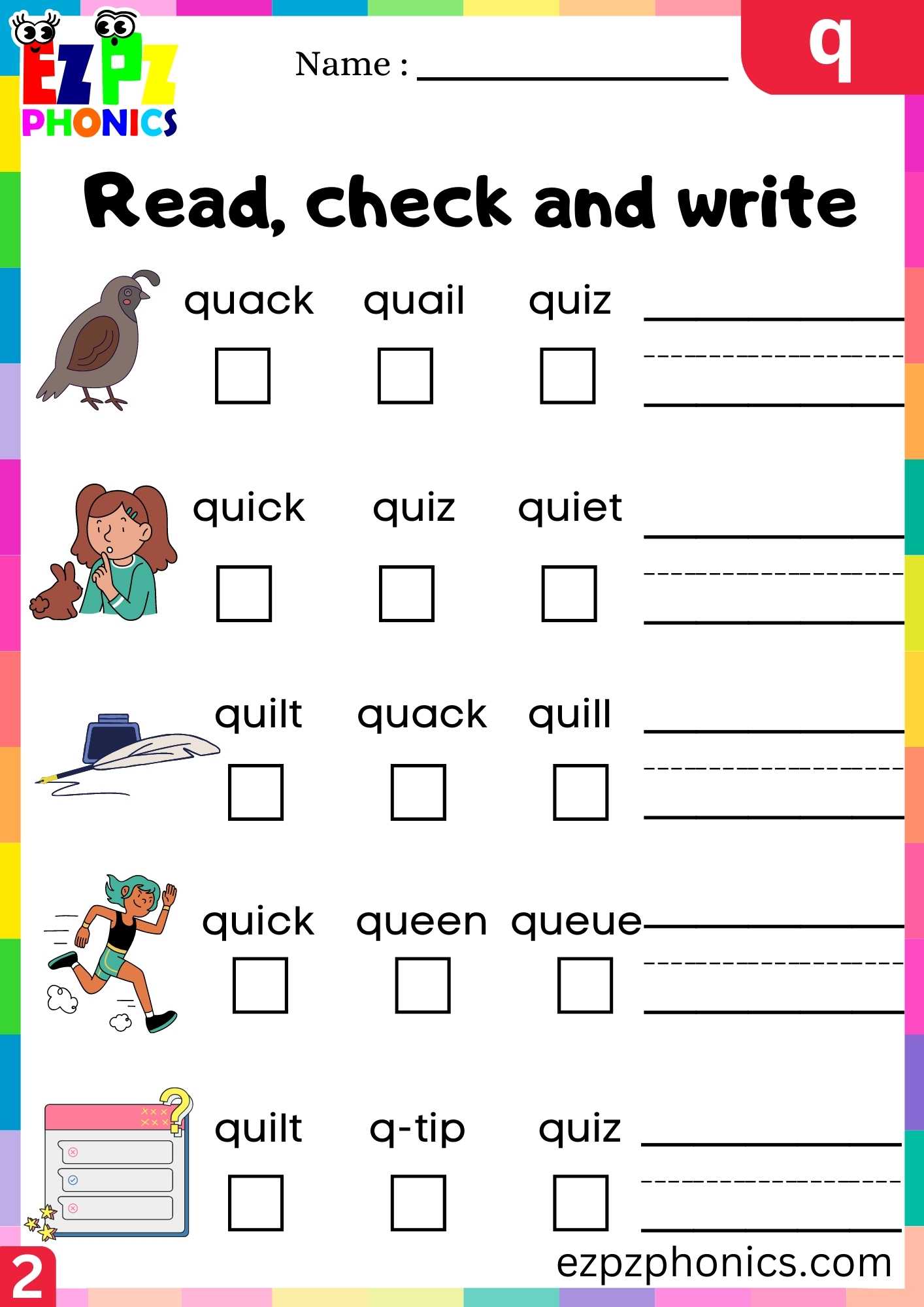 Group2 Letter Q Read, Check And Write Beginning Sounds Worksheet - ezpzphonics.com